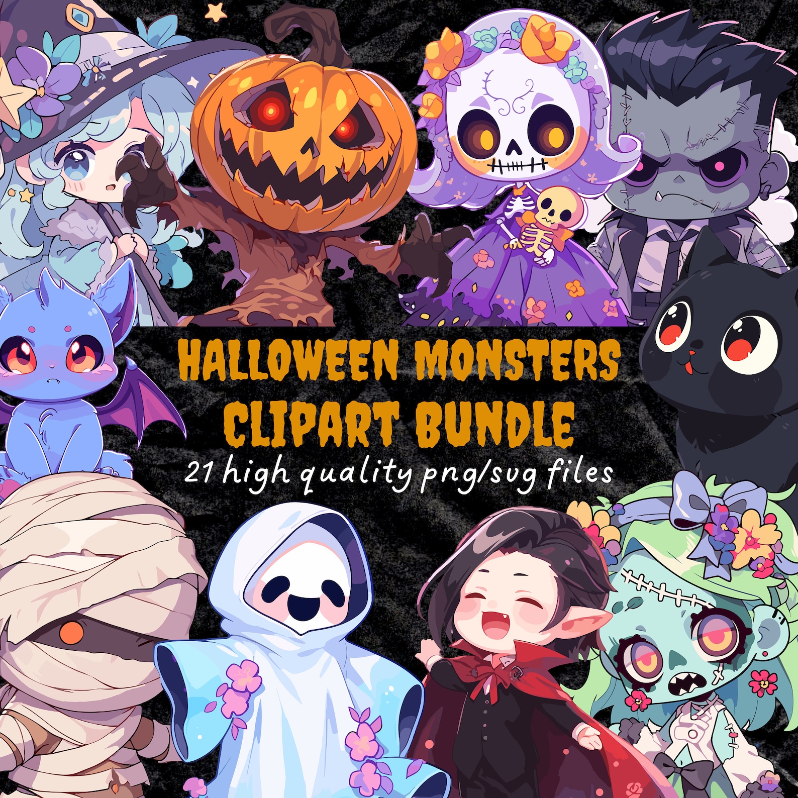 Chibi Cute Halloween Monsters Clipart Halloween PNG Cute Ghost Vampire ...
