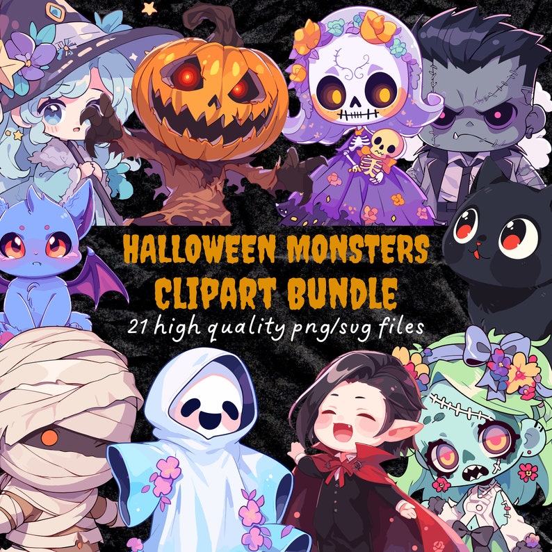 Chibi Cute Halloween Monsters Clipart Halloween PNG Cute Ghost Vampire ...