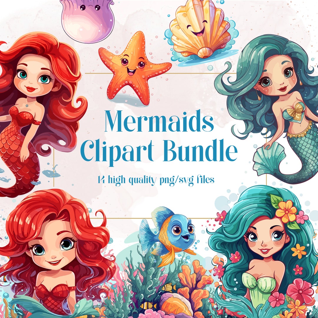 Watercolor Mermaids Clipart Bundle PNG Magic Illustration Underwater ...