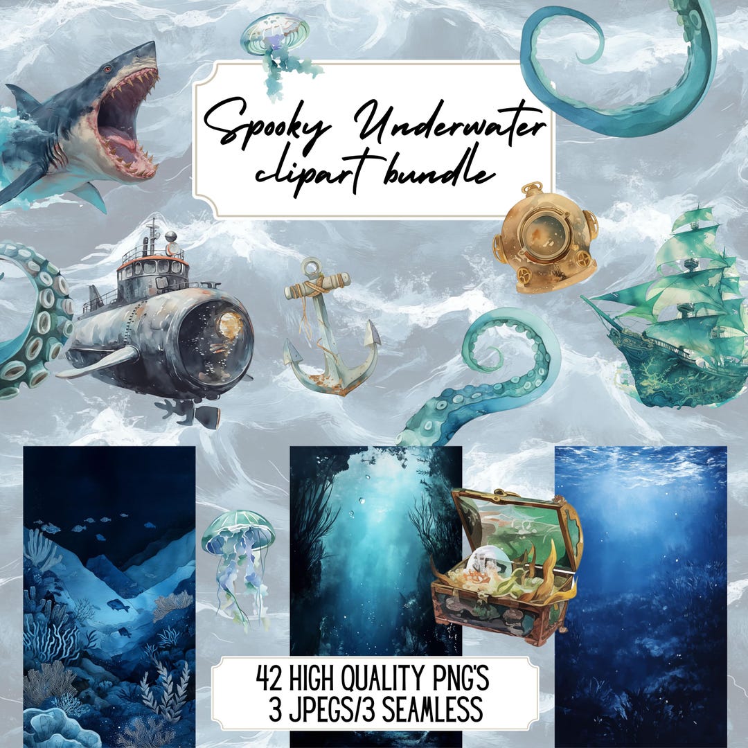 Spooky Underwater Clipart: Eerie Ocean PNG Illustrations (digital ...