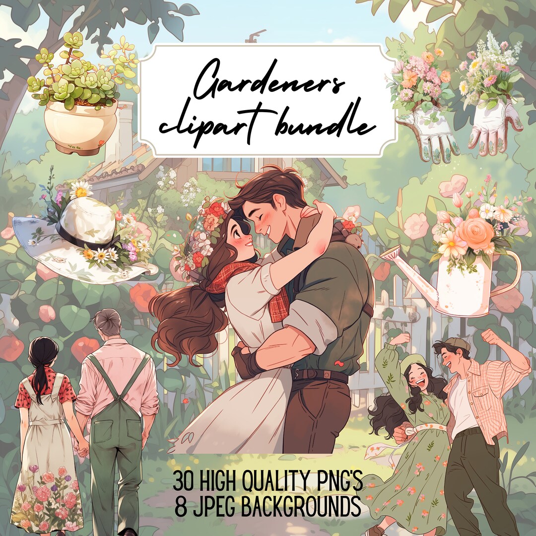 Gardening Clipart Cute Couple Gardeners PNG Best Friend Clipart Spring ...