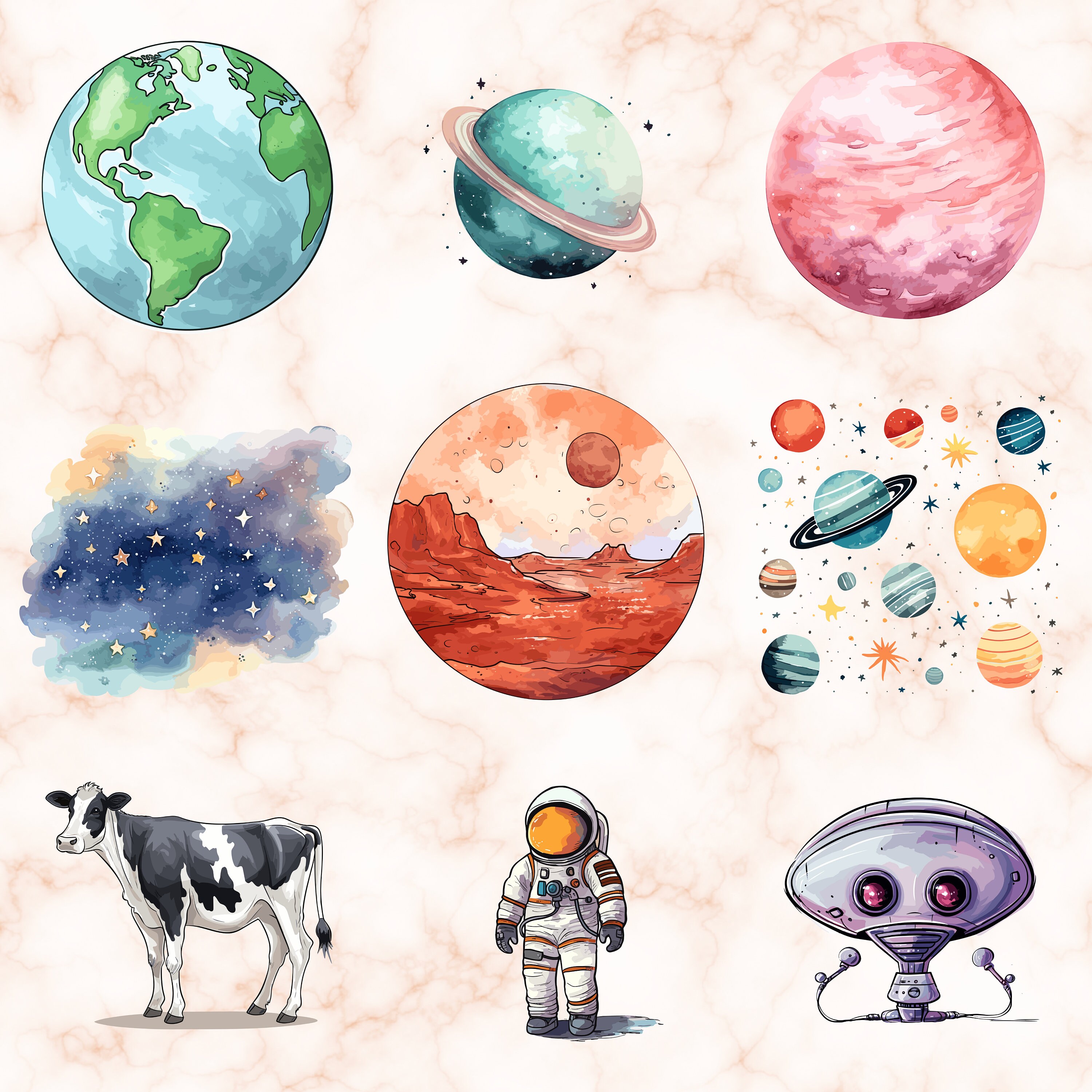 Watercolor Alien Clipart Outer Space PNG Set Planets SVG - Etsy
