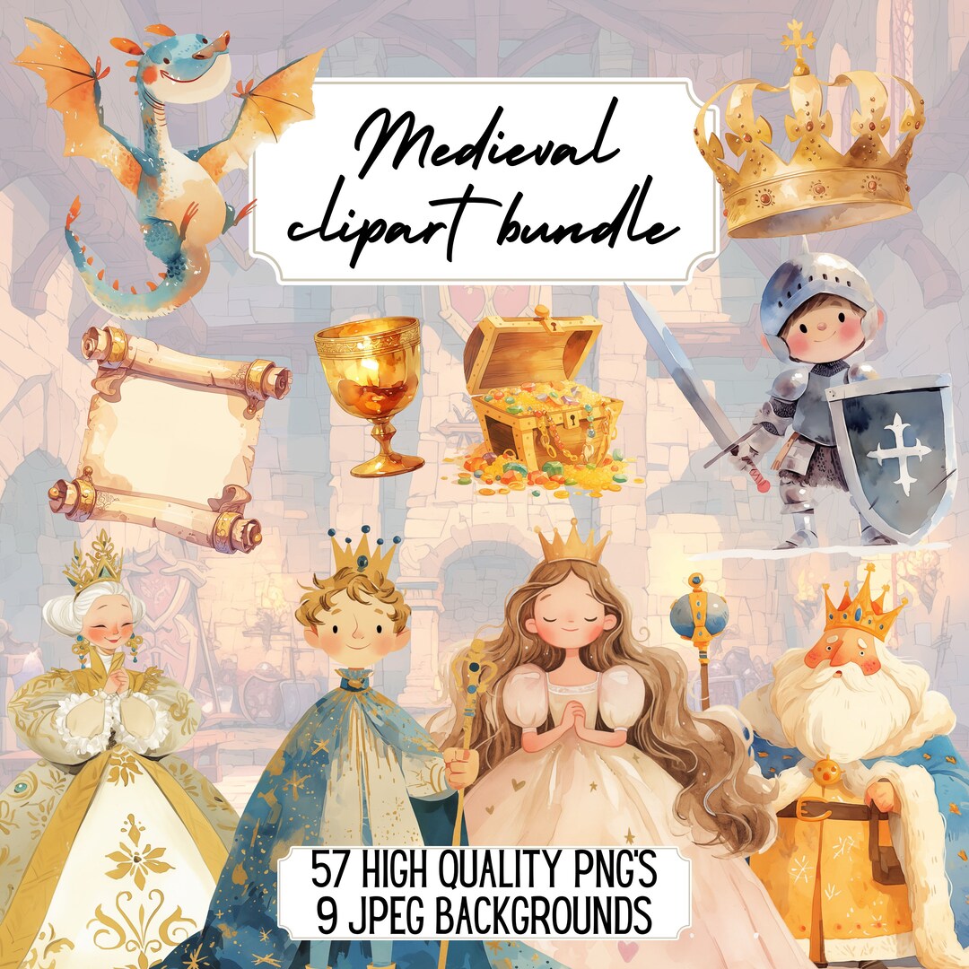 Cute Medieval Clipart Watercolor Middle Age PNG Dragons Clipart Fantasy ...