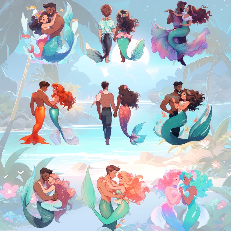 Mermaid & Merman Clipart Bundle: Friendship Illustrations (PNG, JPEG ...