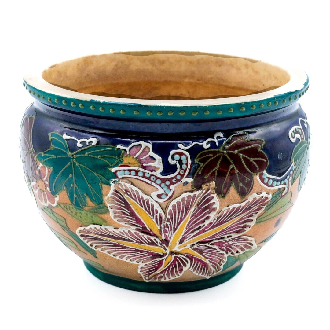 Vintage Overglaze Ceramic Pottery Raised Floral Plant Pot Planter Navy ...