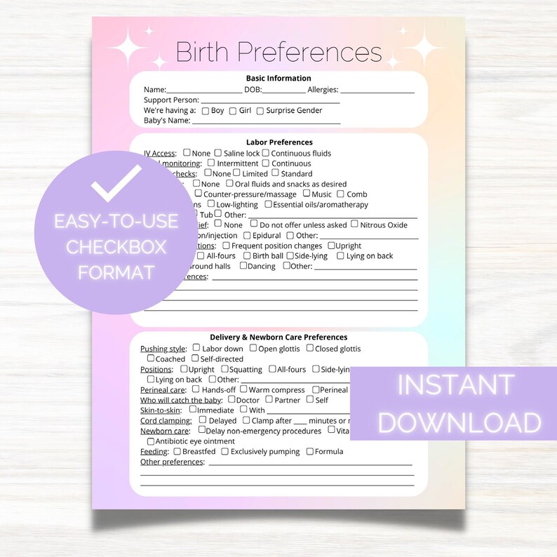 Printable Birth Plan Template | Birth Preferences | Digital Download ...