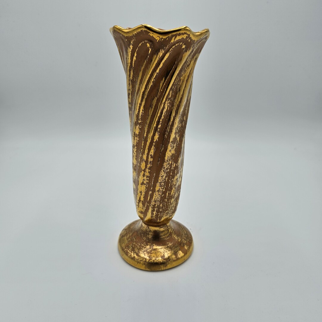 Vintage Small Gold Vase, Ceramic Pottery Flower Vase, Small Gold Vessel ...