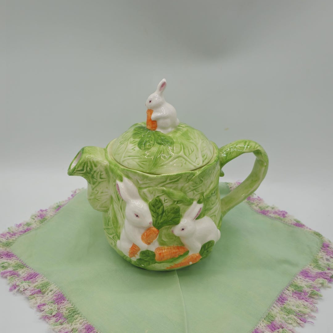 Vintage Bunnies Ceramic Teapot , Green Cabbage Tea Pot, Cute Rabbit ...