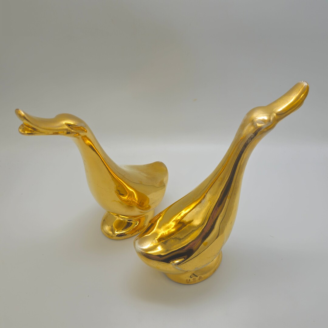 Vintage Duck Statues, Gold Toned Duck Pair, Waterfowl for Lakehouse - Etsy