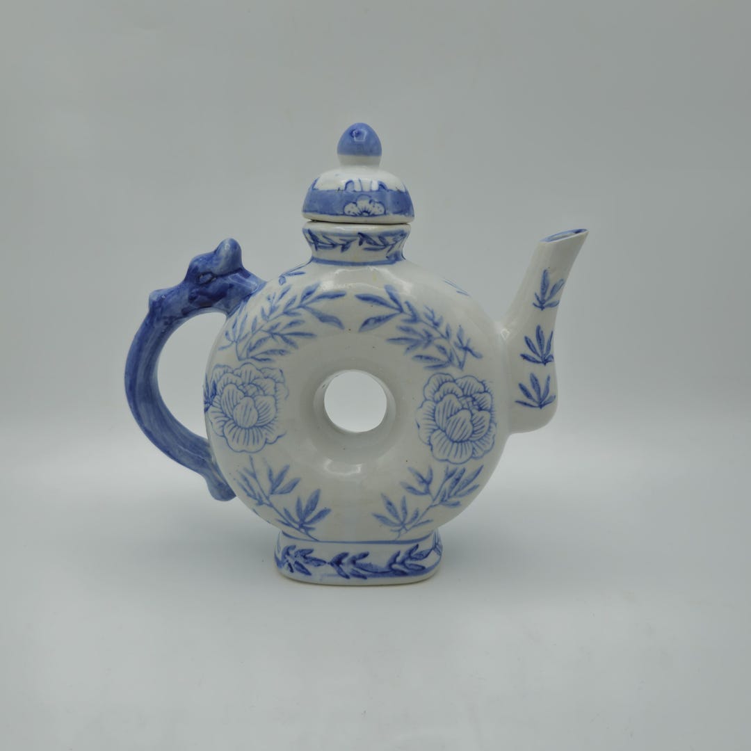 Vintage Blue and White Teapot, Donut Hole Tea Pot, French Country ...
