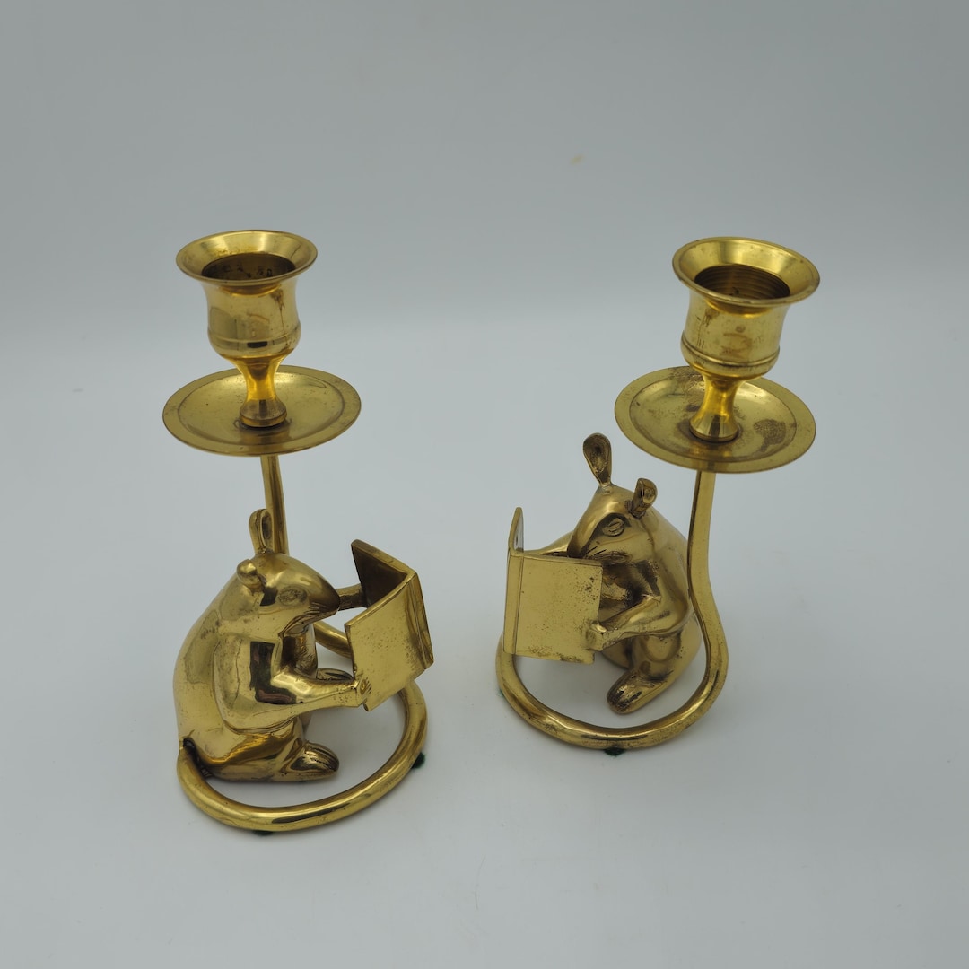 Pair Cute Mouse Brass Candle Holders, Pair of Gold Toned Candlesticks ...