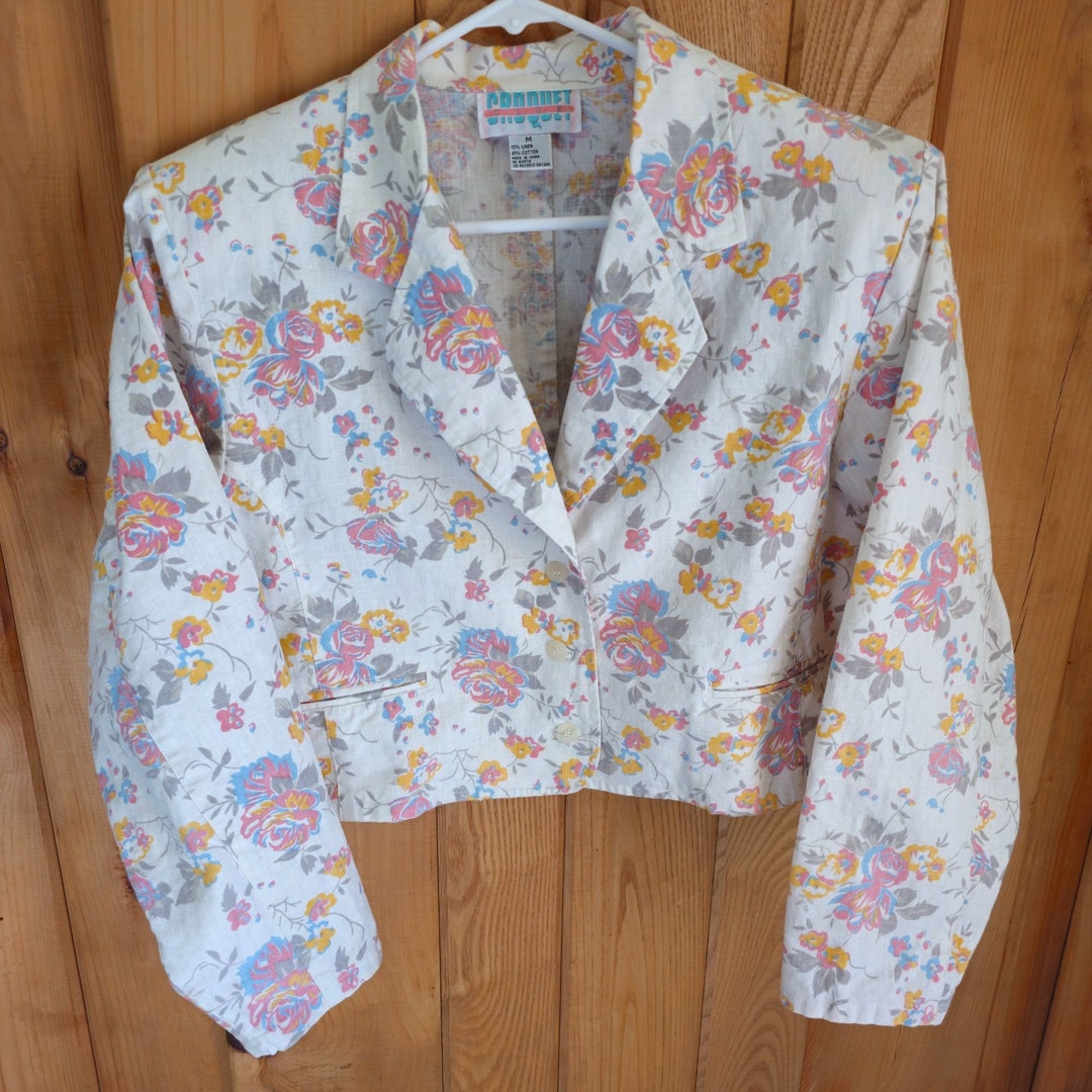 Vintage Women's 80s Jacket With Shoulder Pads, Spring Floral Crop ...