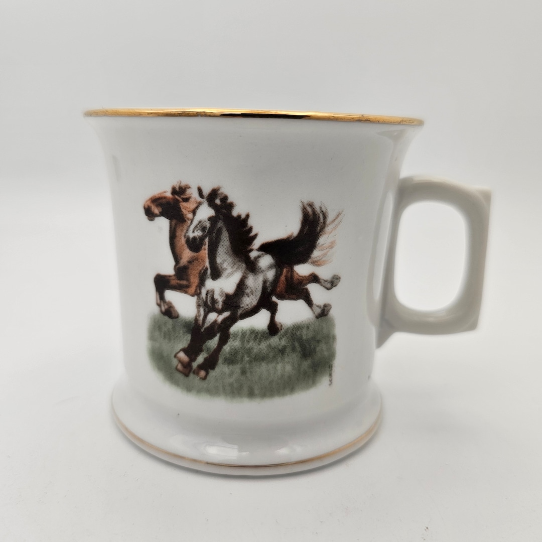 Vintage Ceramic Horse Coffee Mug With Coaster, Gold Trimmed Equestrian ...