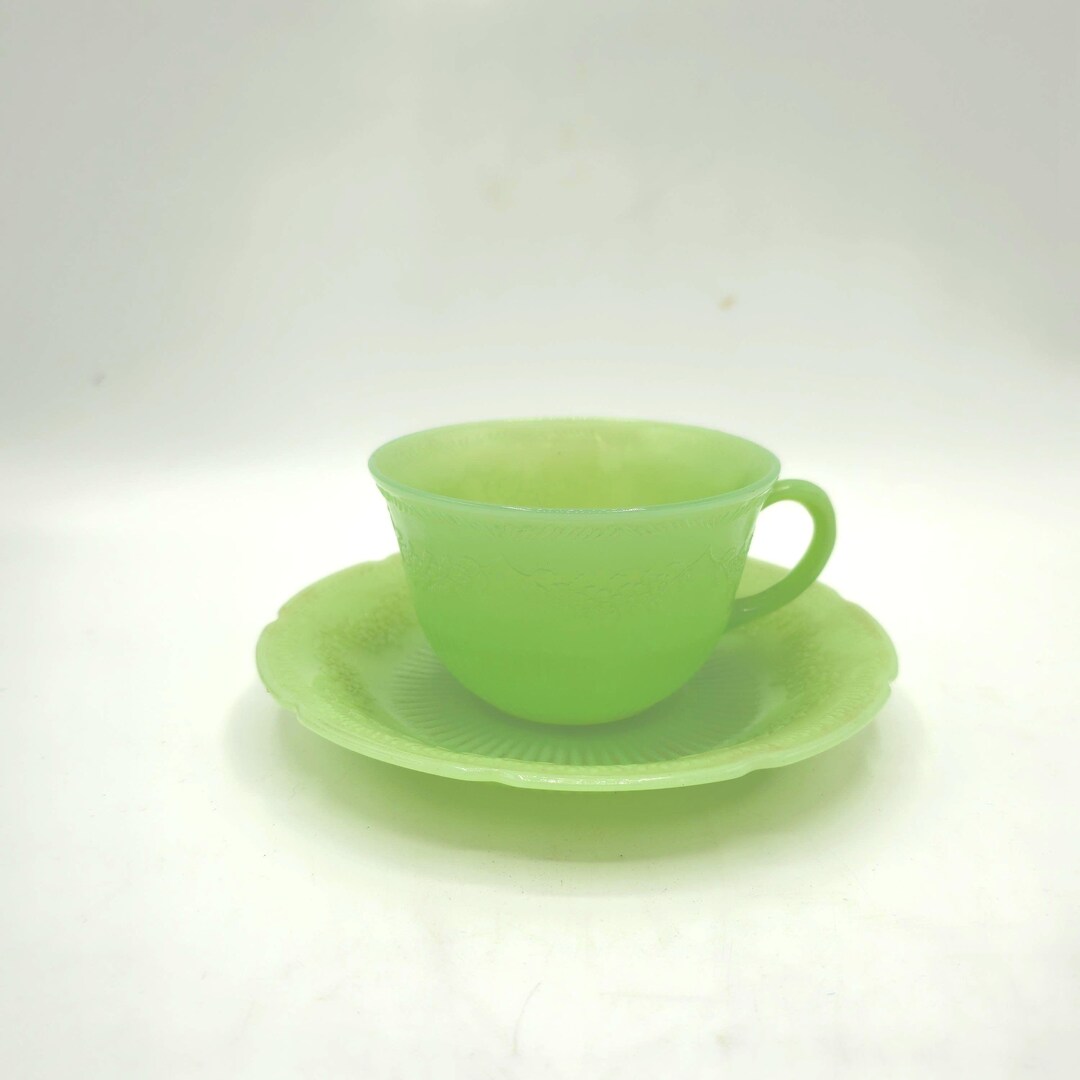 Vintage Fire King Tea Cup With Saucer, Retro Green Coffee Cup, Jadeite ...