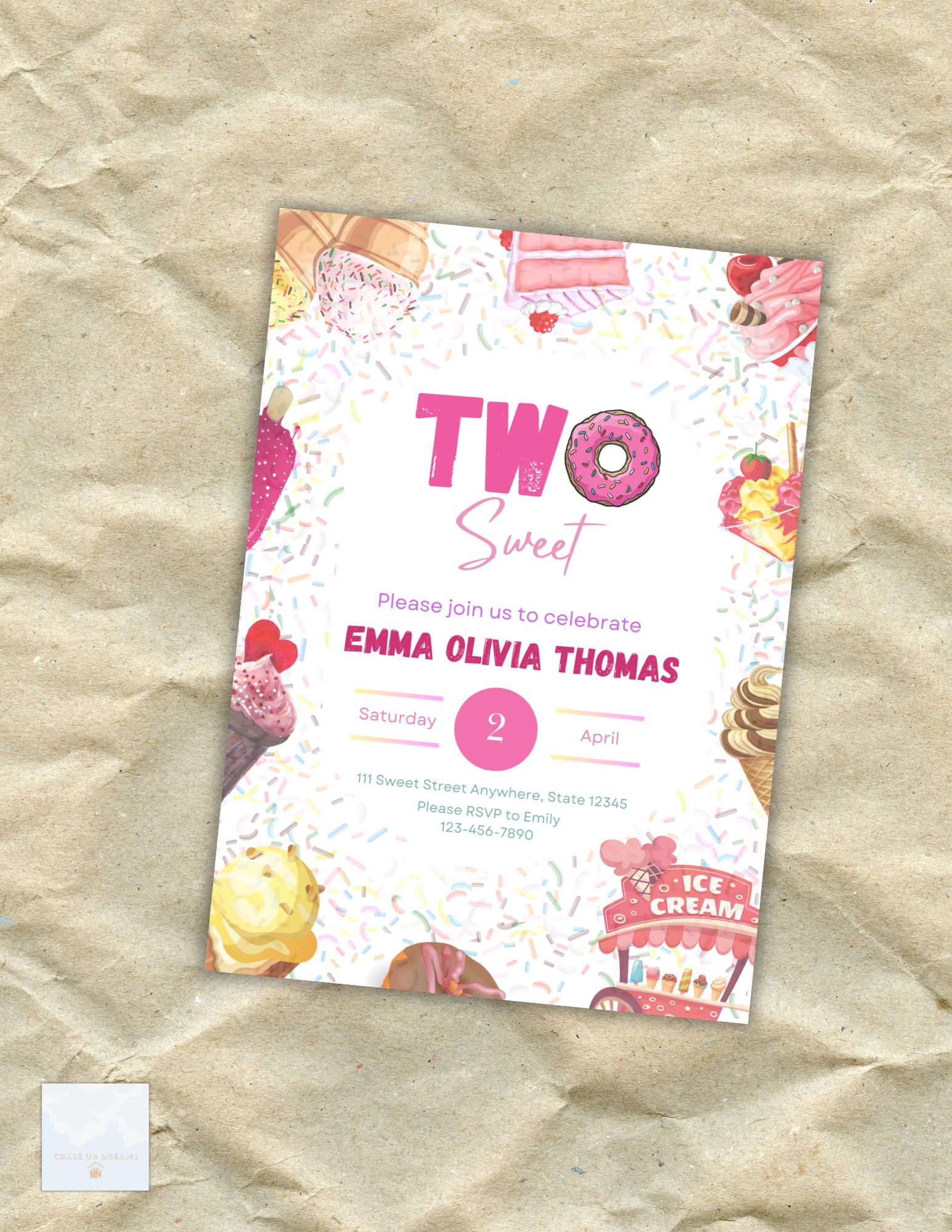 Two Sweet 2nd Birthday Invitation Template, Second Bday Party Invite ...