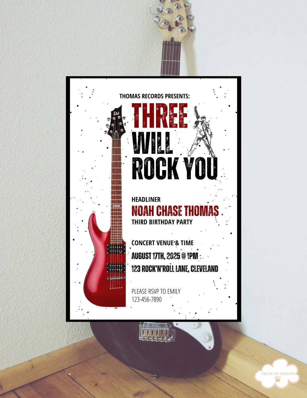 Three Will Rock You Birthday Invitation, 1st Birthday Rock N Roll ...