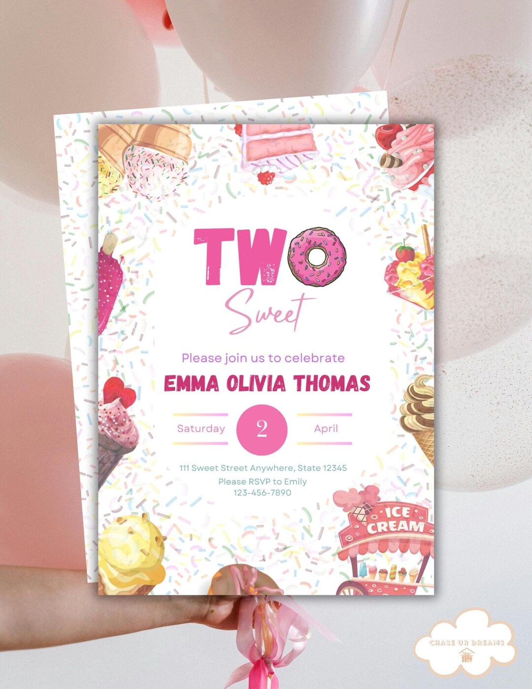 Two Sweet 2nd Birthday Invitation Template, Second Bday Party Invite ...