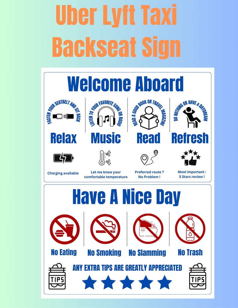 Uber Lyft Taxi Placard | Backseat Sign | Rideshare Sign | TIP and ...
