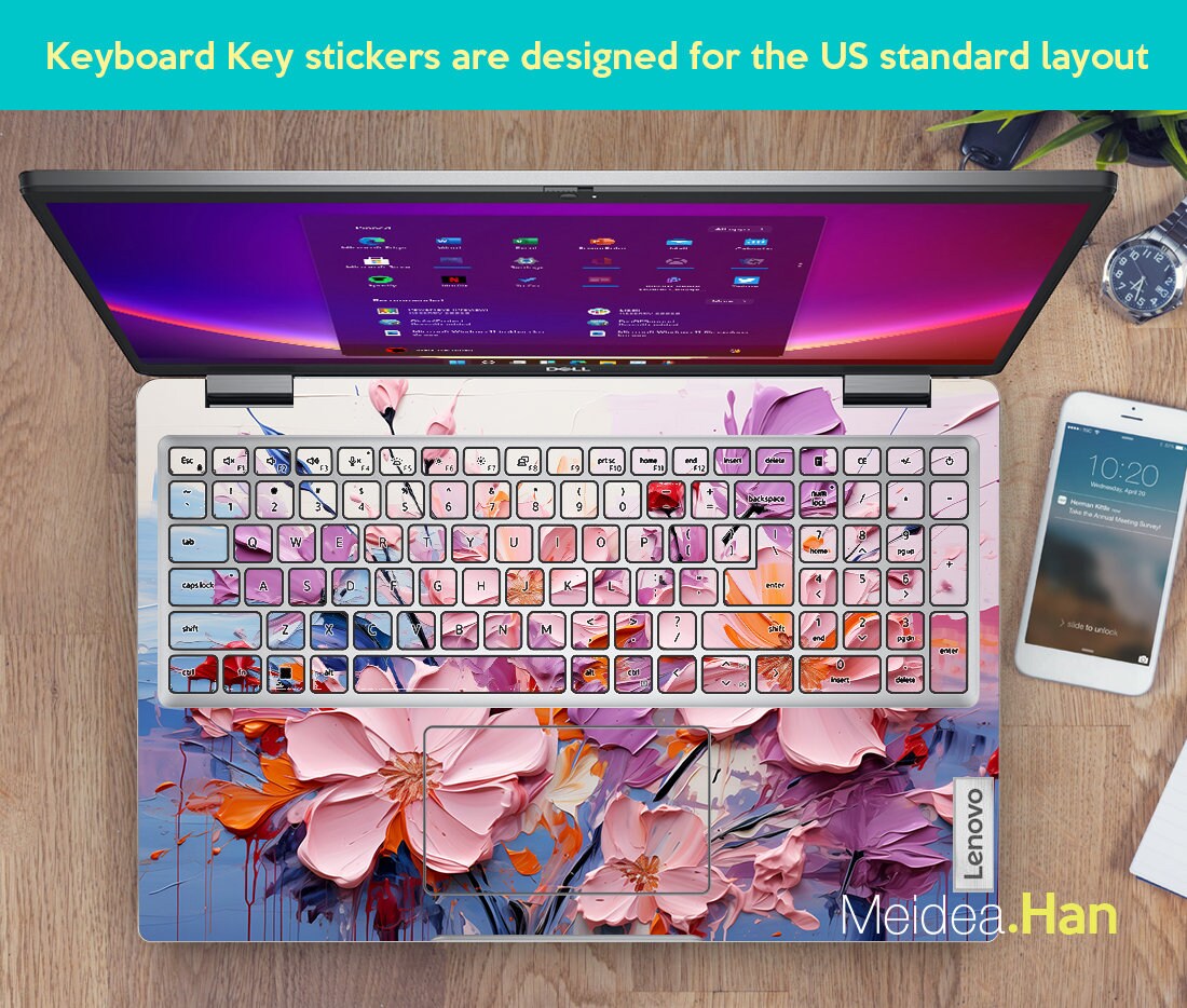 Custom Laptop Skin Lenovo Accessories Personalization Pink Flowers Oil ...