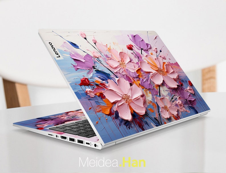 Custom Laptop Skin Lenovo Accessories Personalization Pink Flowers Oil ...