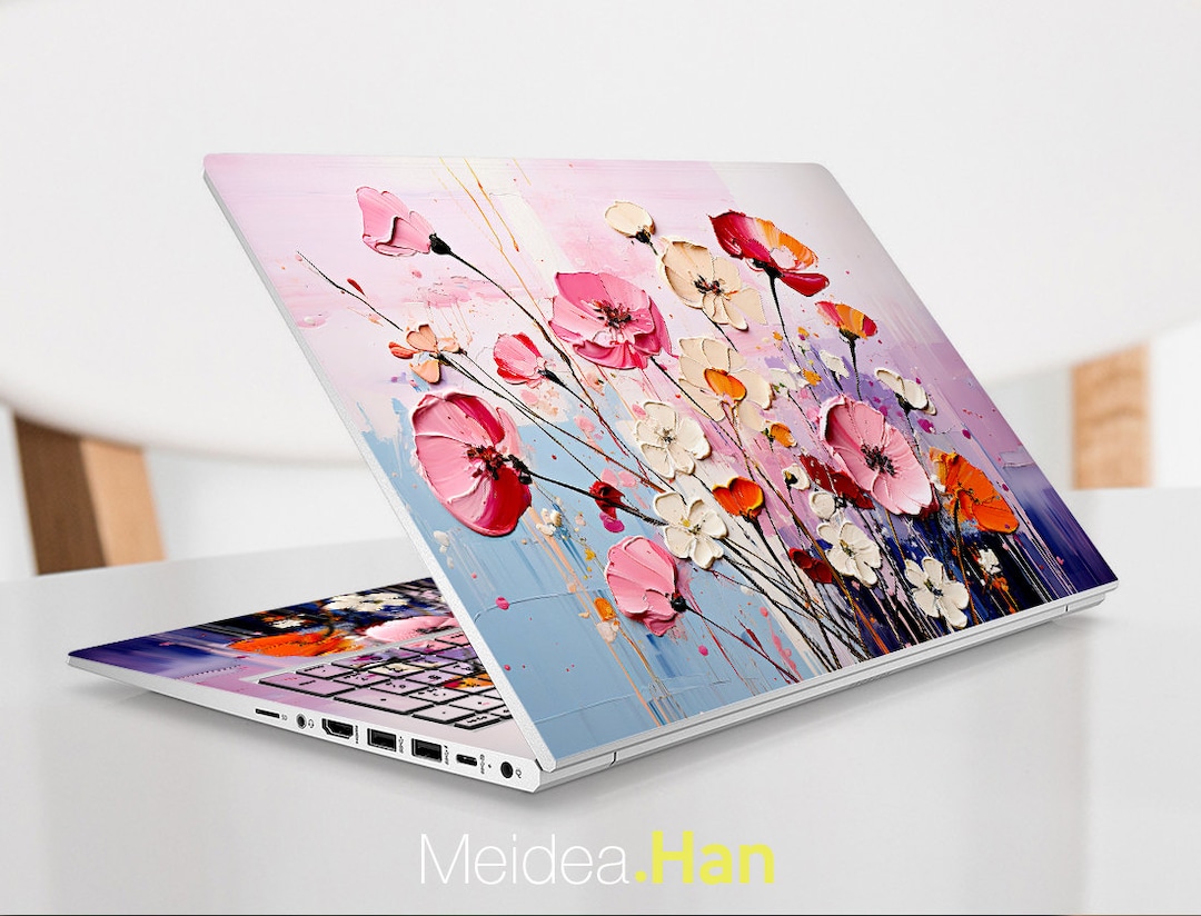 Custom Laptop Skin Hp Accessories Unique Gift Pink Flowers Patterns Oil ...