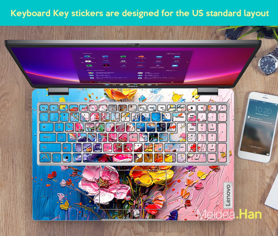 Custom Laptop Skin Lenovo Accessories Personalization Pink Flowers Oil ...