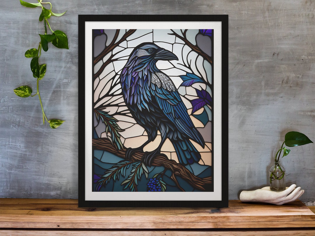 Crow Decor Raven Art Bird Watching Gift Colorful Painting Bathroom Wall ...
