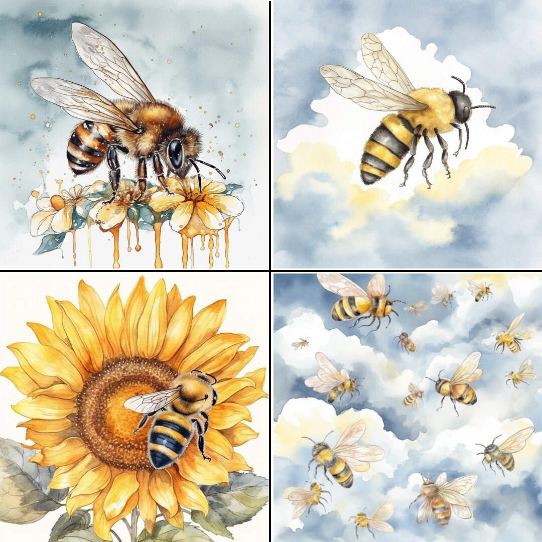 Watercolor Honey Bee Clipart, Bees and Flowers , Bee PNG, Commercial ...