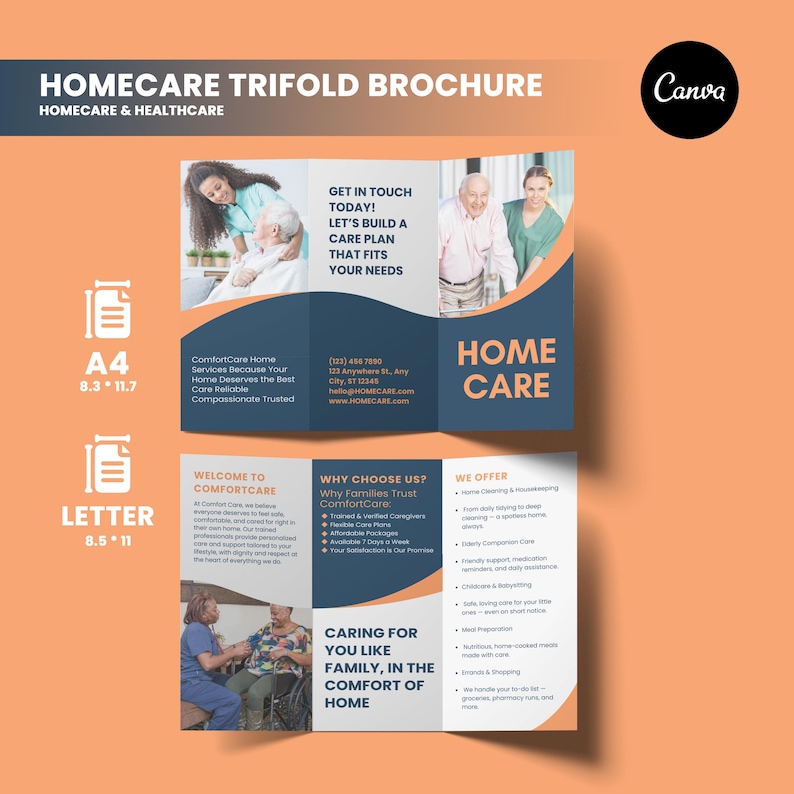 Modern Home Care Brochure Template | Editable Canva Trifold Design | Senior & Companion Care ...