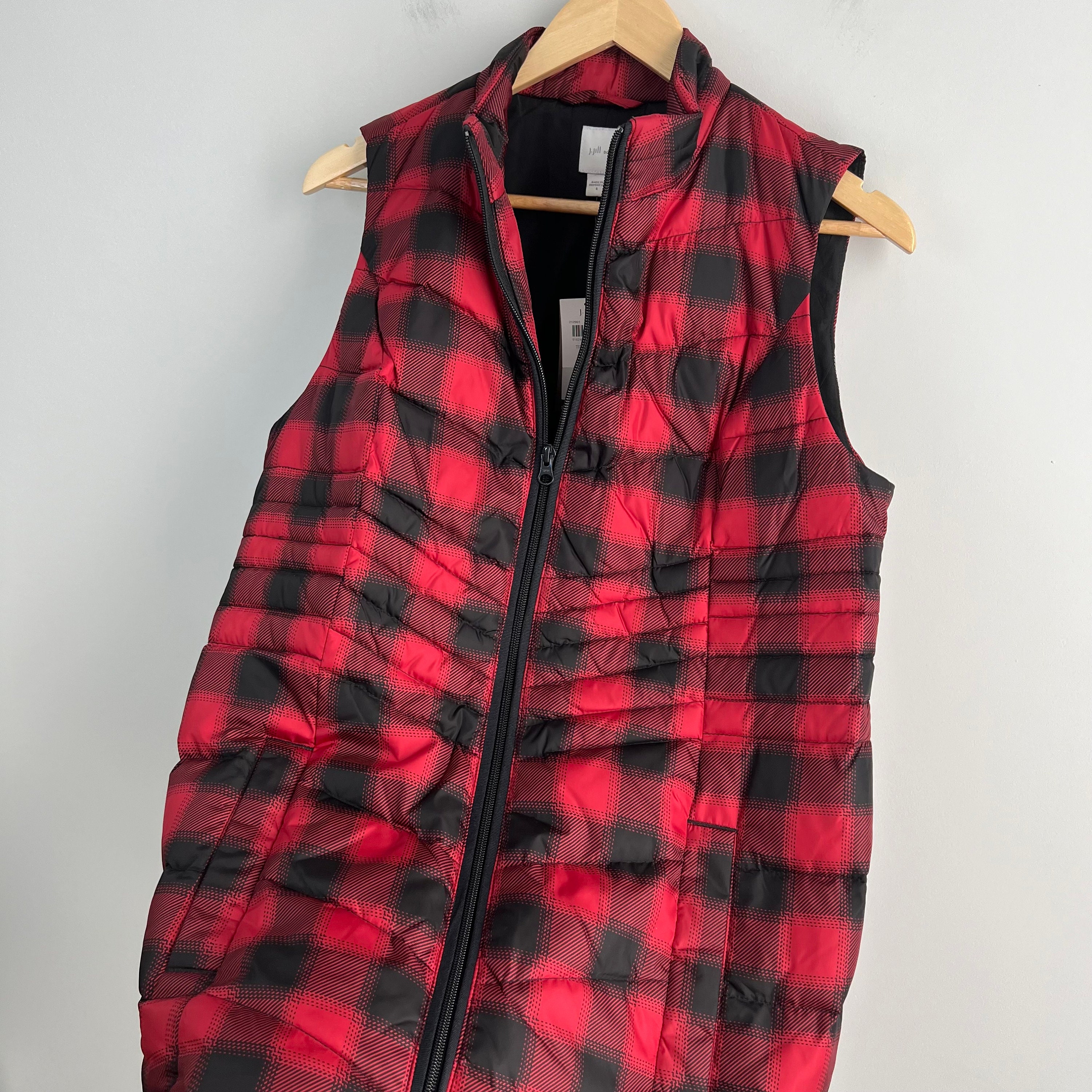 J JILL Down Puffer Vest Small Red Black Buffalo Plaid Down Long Jacket ...