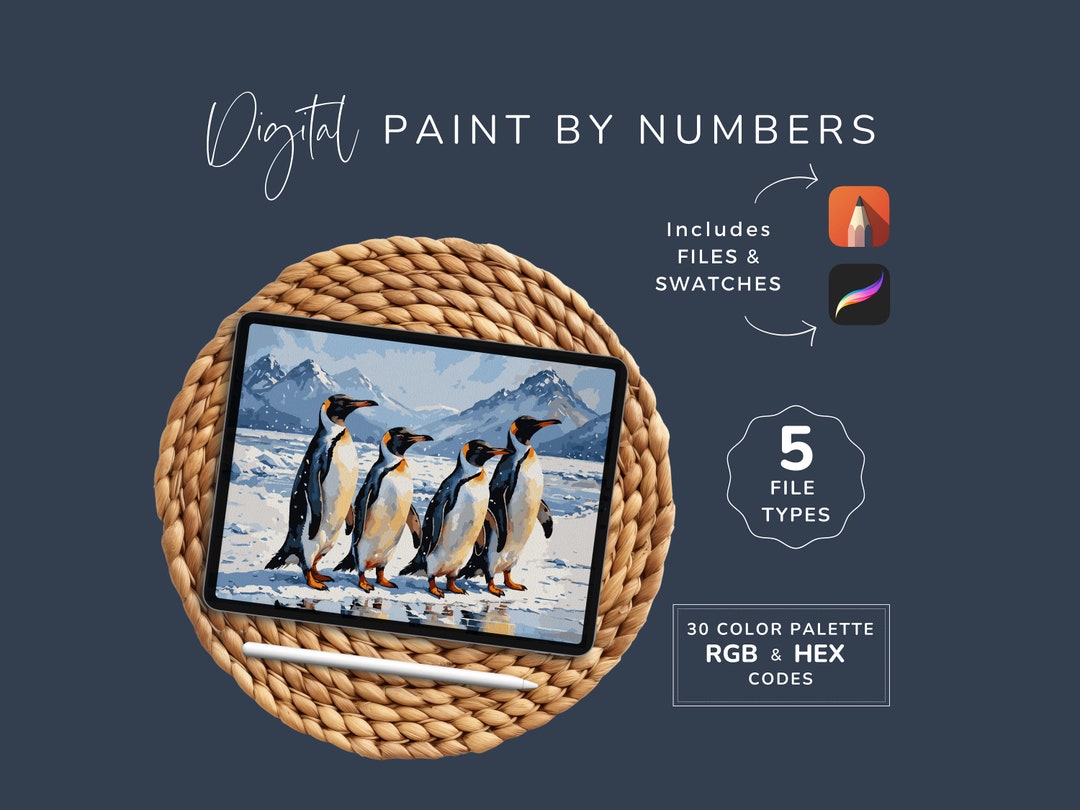 Digital Paint by Numbers, Penguins, Digital Color by Number Kit Adult ...