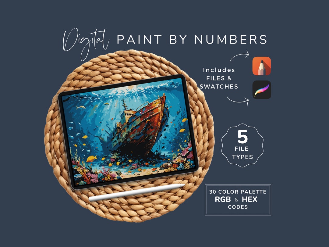 Paint by Numbers Seascape, Procreate PBN, Underwater Shipwreck, Adult ...