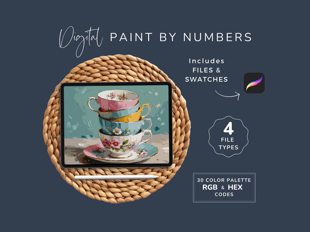 Digital Paint by Numbers, Procreate, Pastel Tea Cups, High Teatime ...