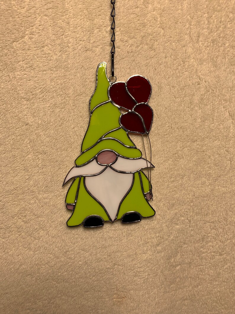 Beautiful Handmade Stained Glass Gnome With Red Heart Balloons - Etsy