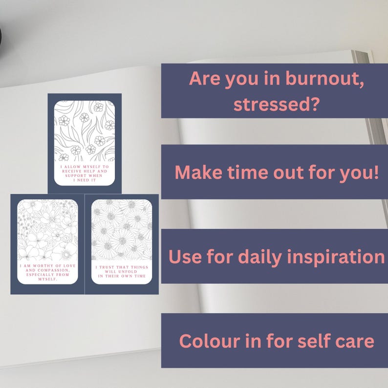 Printable Burnout Colouring Affirmation Cards, Set 40 Affirmation Cards ...