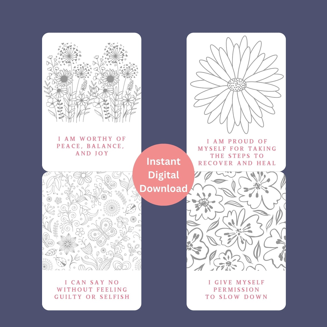 Printable Burnout Colouring Affirmation Cards, Set 40 Affirmation Cards ...