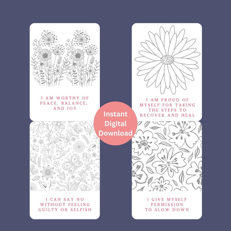 Printable Burnout Colouring Affirmation Cards, Set 40 Affirmation Cards ...