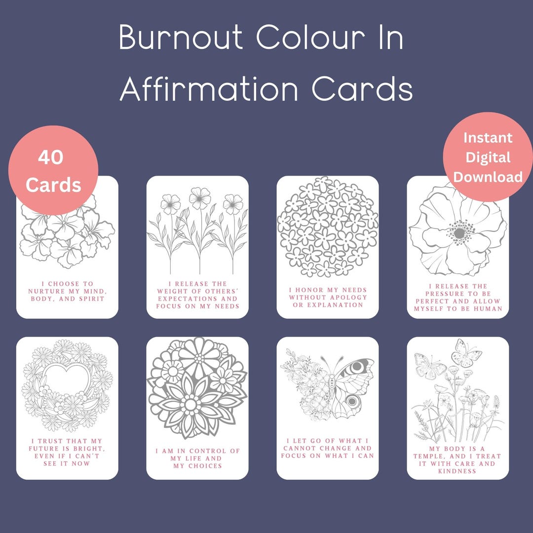 Printable Burnout Colouring Affirmation Cards, Set 40 Affirmation Cards ...
