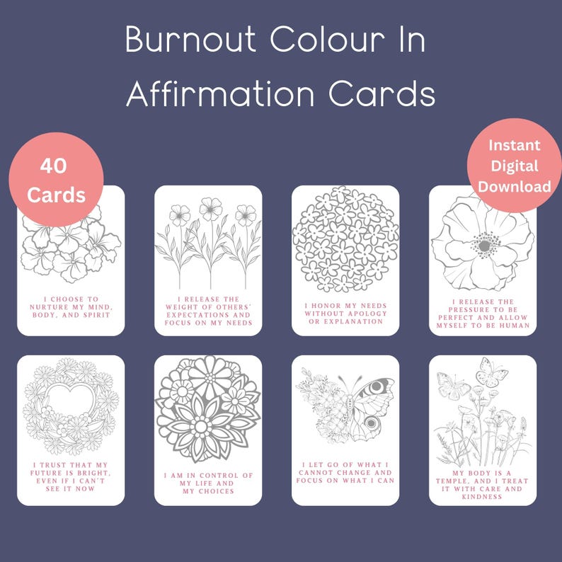 Printable Burnout Colouring Affirmation Cards, Set 40 Affirmation Cards ...