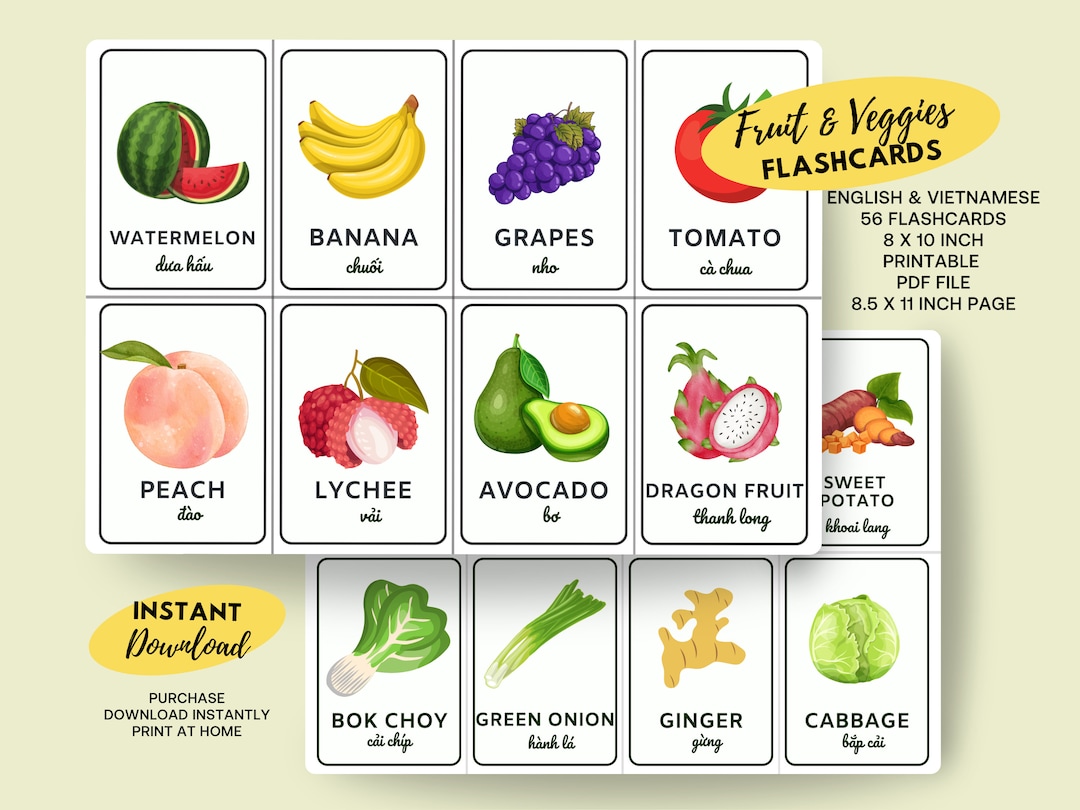 Fruit & Vegetable in Vietnamese English, Bilingual Flashcards for Kids ...