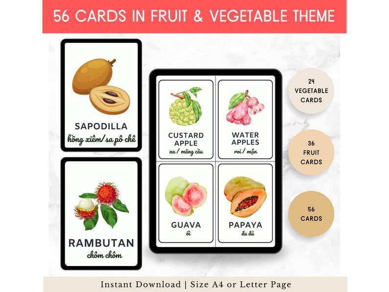 Fruit & Vegetable in Vietnamese English, Bilingual Flashcards for Kids ...