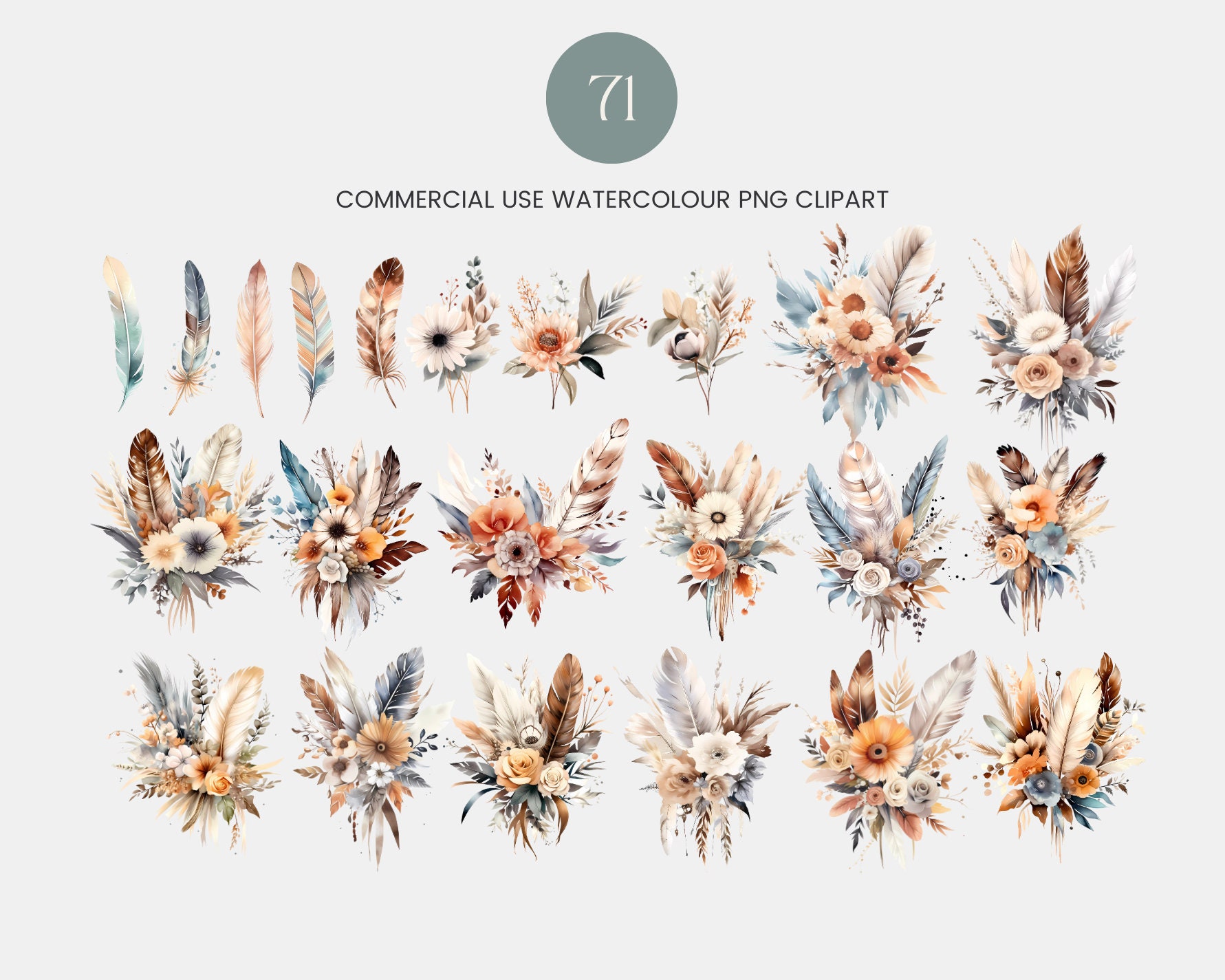 71 Boho Flowers PNG, Watercolor Floral Clipart Bouquets, Elements ...