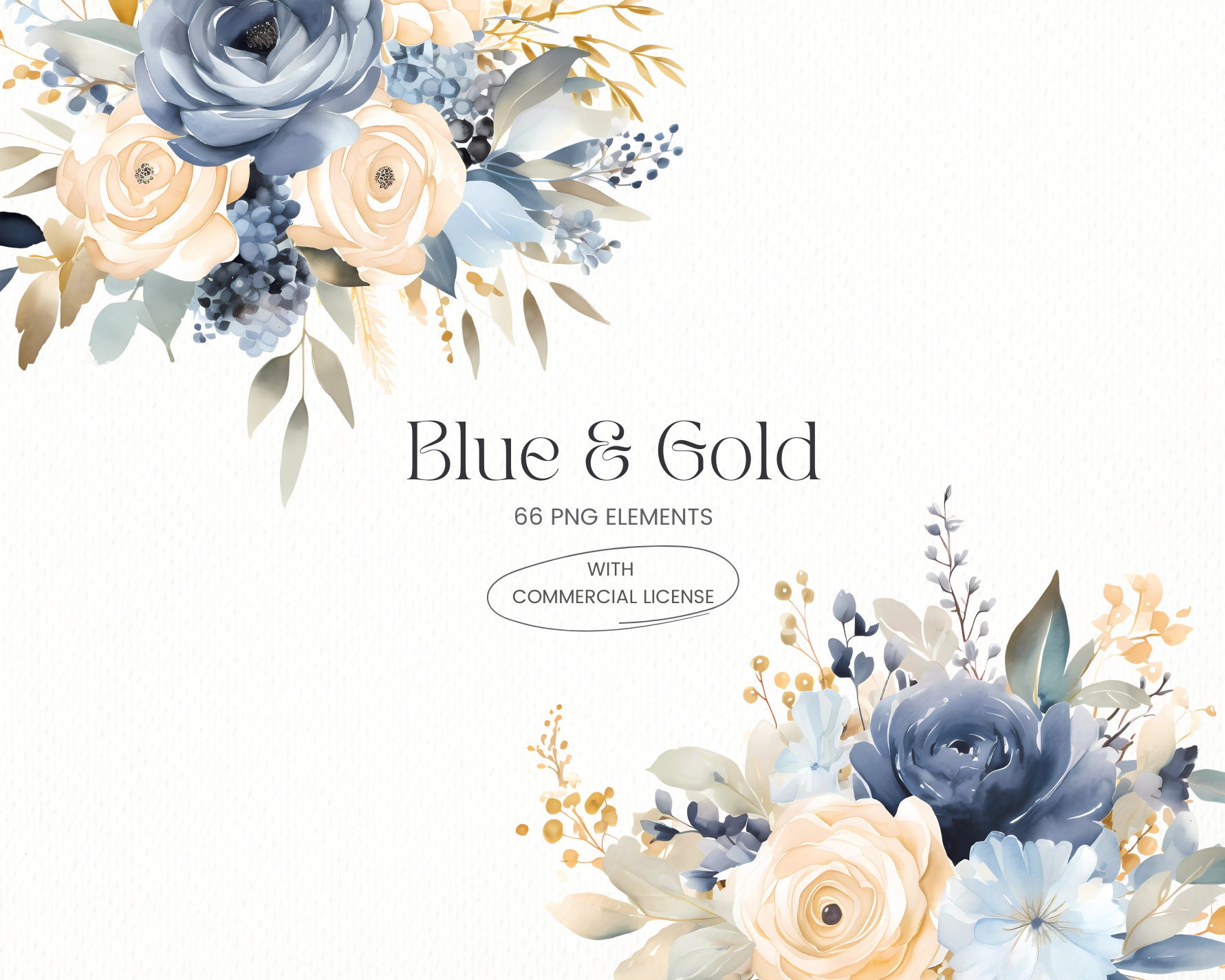 66 Blue & Gold Flowers PNG, Watercolor Floral Clipart Bouquets ...