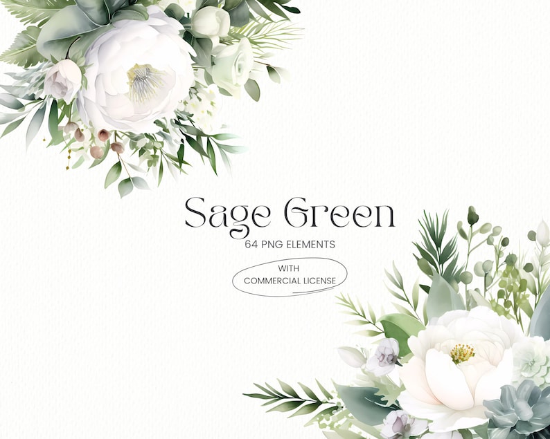 64 Sage Green Flowers PNG, Watercolor Floral Clipart Bouquets, Elements ...