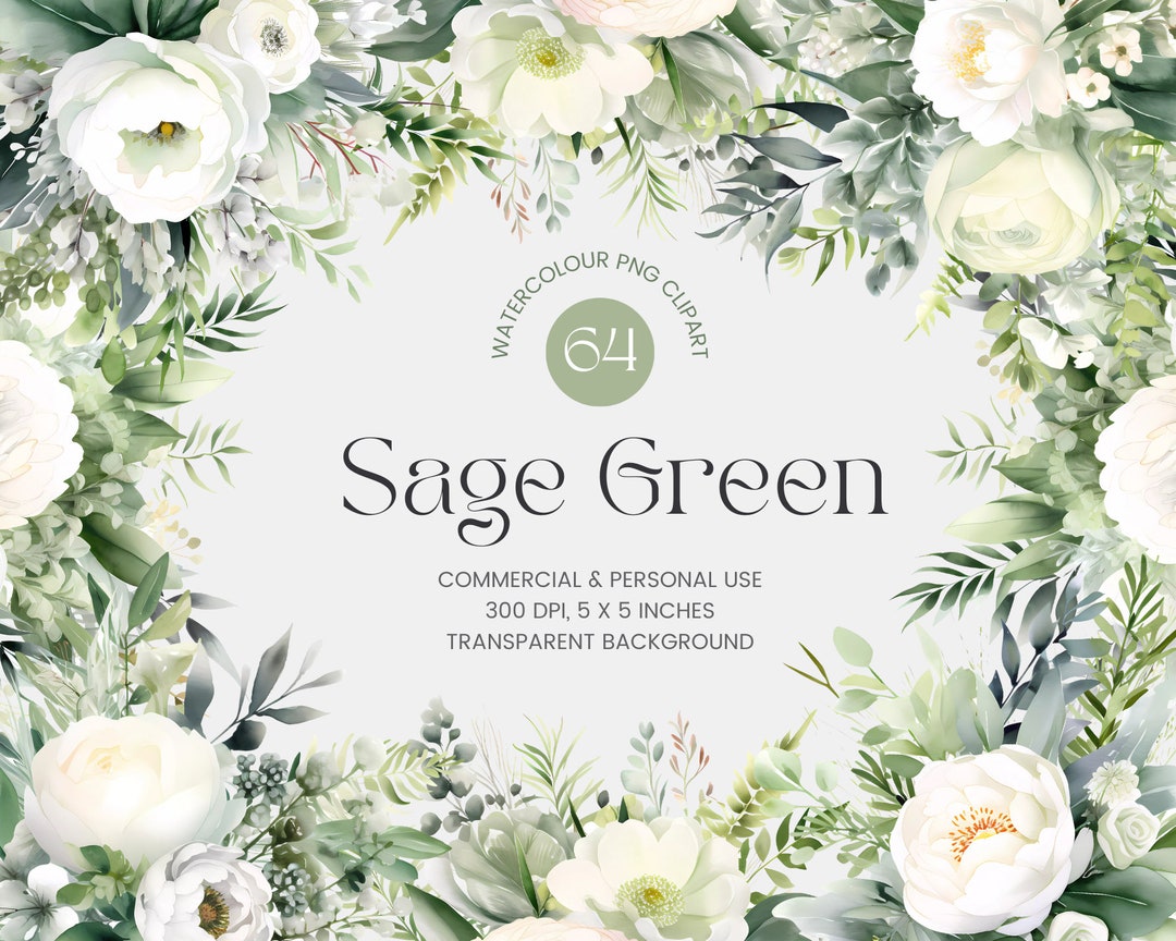64 Sage Green Flowers PNG, Watercolor Floral Clipart Bouquets, Elements ...