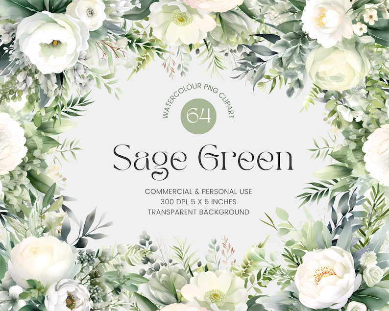 64 Sage Green Flowers PNG, Watercolor Floral Clipart Bouquets, Elements ...