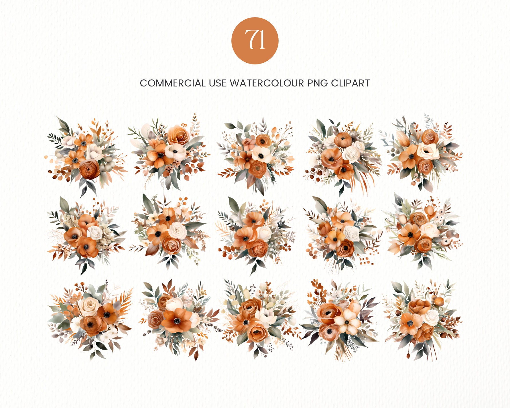 71 Copper Autumn Flowers PNG, Watercolor Floral Clipart Bouquets ...