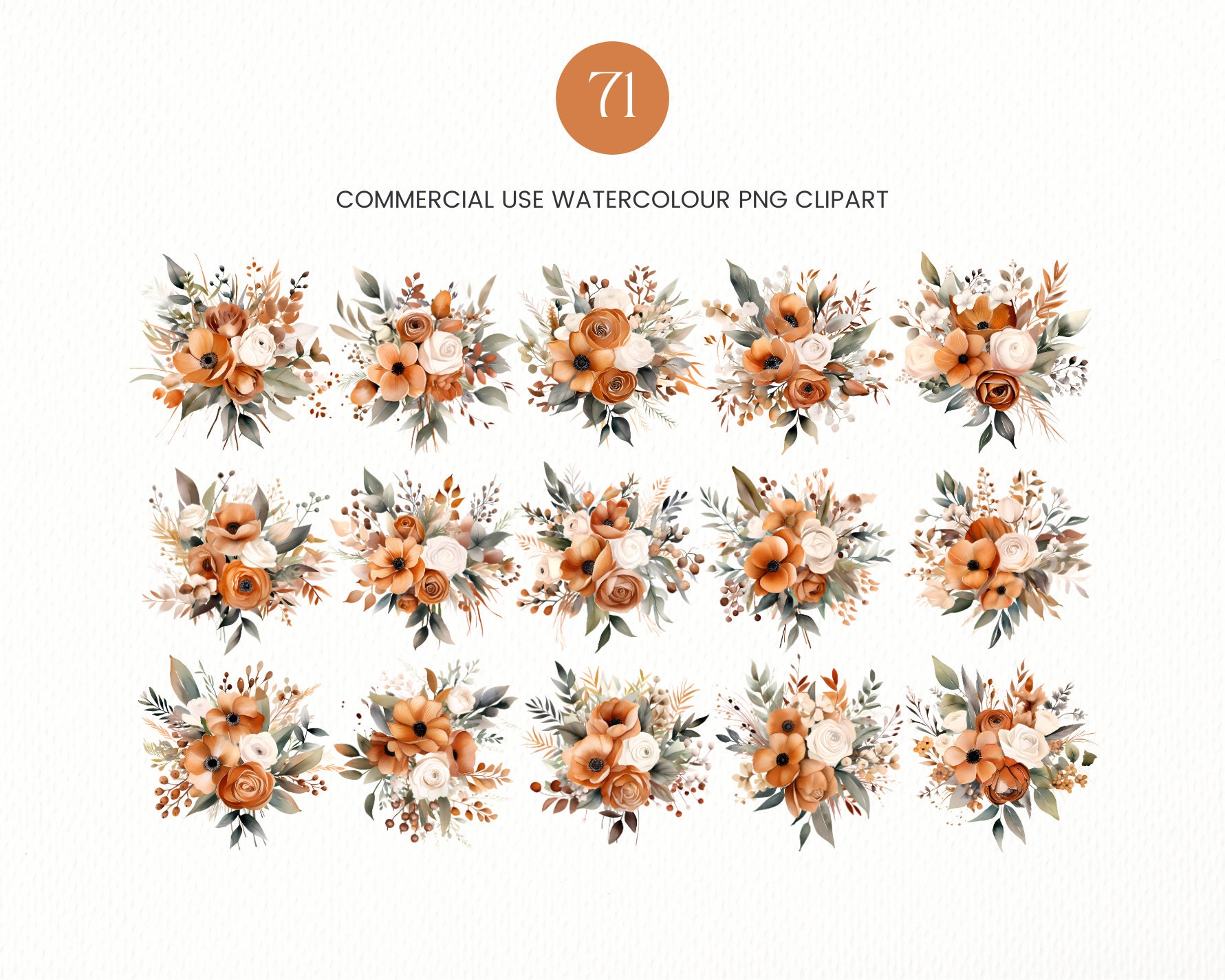 71 Copper Autumn Flowers PNG, Watercolor Floral Clipart Bouquets ...