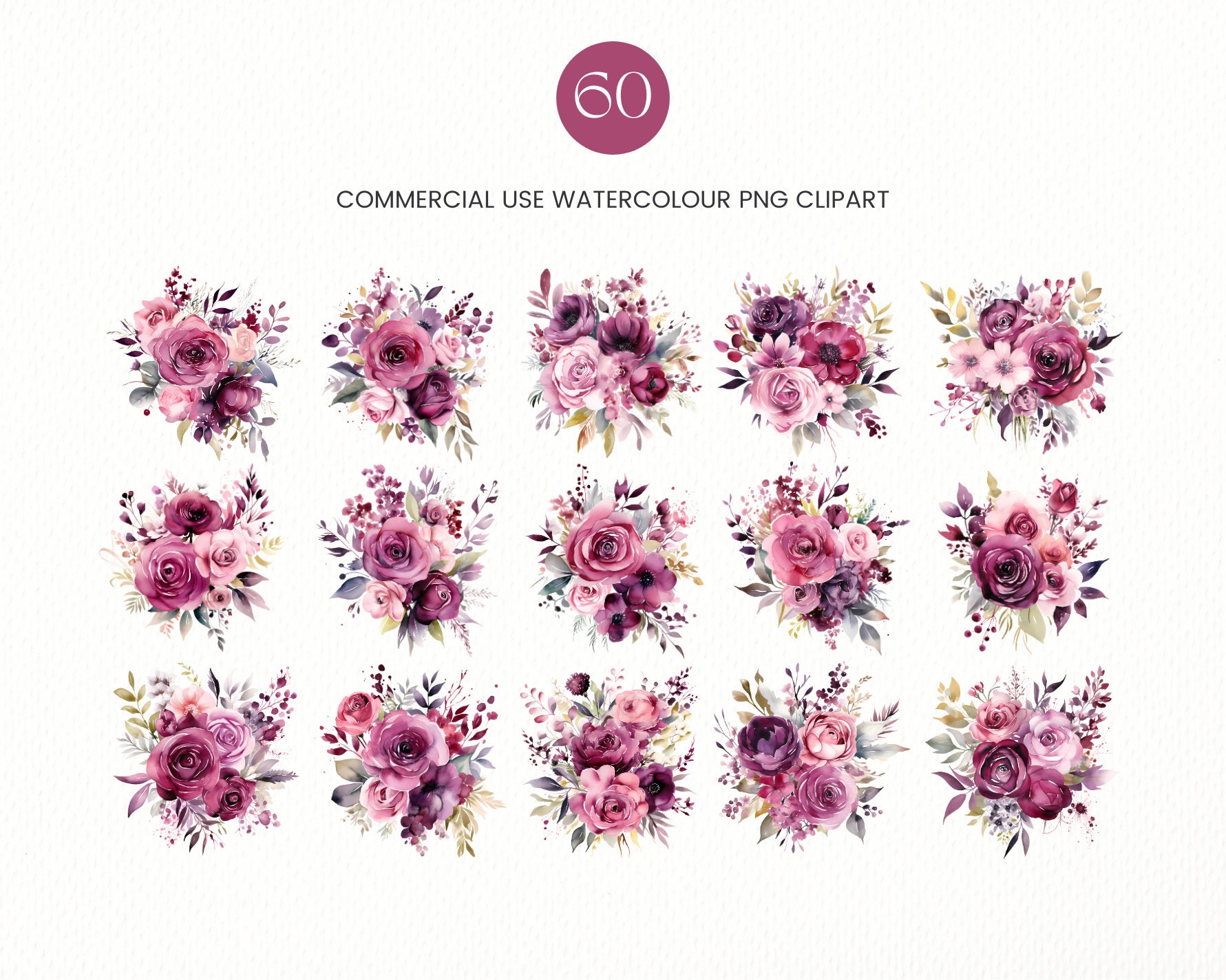 60 Magenta Purple Flowers PNG, Watercolor Floral Clipart Bouquets ...