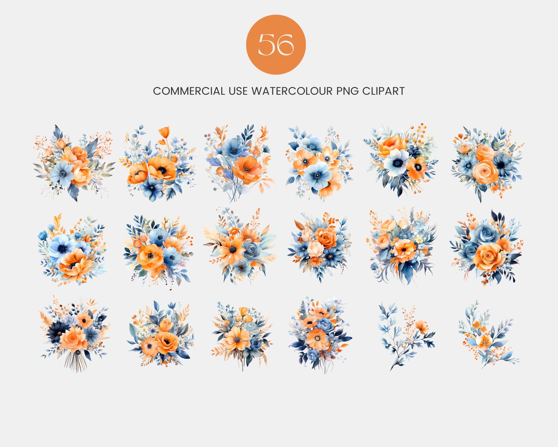 56 Orange and Blue Flowers PNG Watercolor Floral Clipart - Etsy